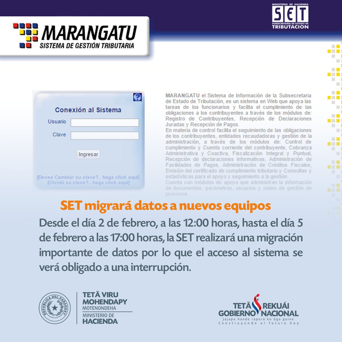 Sistema Marangatú de la SET estará fuera de línea por tres días ...